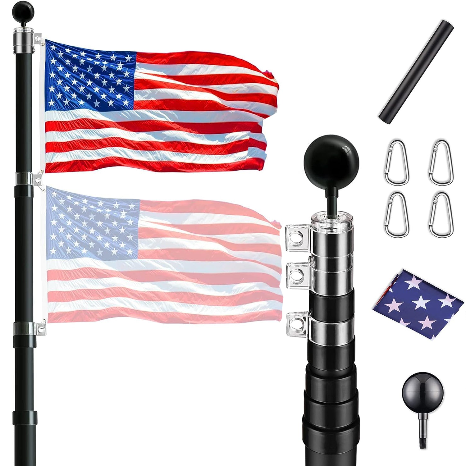 Artpuch 30FT Aluminum Telescopic Flag Pole Thick Tube Halyard & Sectio
